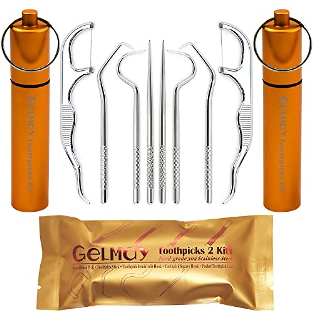 Toothpicks Pocket Set, Dental Floss Picks Kit Reusable, Stainless Steel Teeth Cleaning Tools, Flossers for Adults, Tooth Picker Oral Hygiene Travel (2 Set)