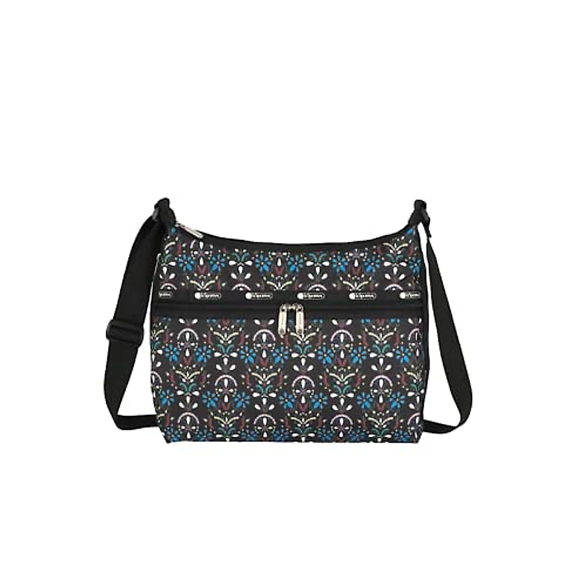 LeSportsac Cloistered Jewels Large Hobo Crossbody Bag, Style 3710/Color E469, Mosaic Art Tiles Designed in Colorful Crest & Flower Motifs, Vibrant Jewel Tones: Ruby, Azure, Emerald