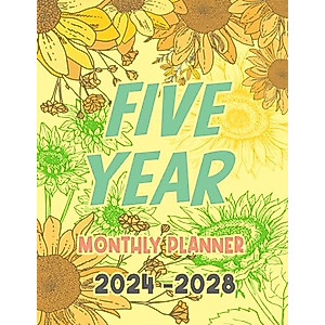 2024-2028 Five Year Monthly Planner: 5 Year 60 monthly calendar from January 2024 to December 2028 Schedule Organizer with federal holidays floral sunflower for women