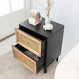 COZAYH Set of 2 Fully-Assembled 2-Drawer Woven Cane Front Accent Nightstand with Brass Knobs, Black