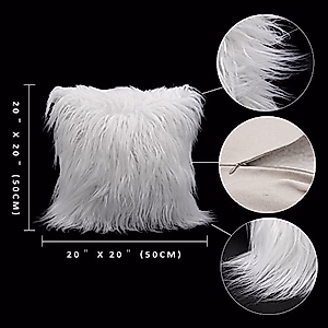 AerWo Set of 2 White Decorative Fluffy Pillow Covers, 20x20 Inch New Luxury Series Merino Style Faux Fur Throw Pillow Covers Square Fuzzy Cushion Case, Off-White