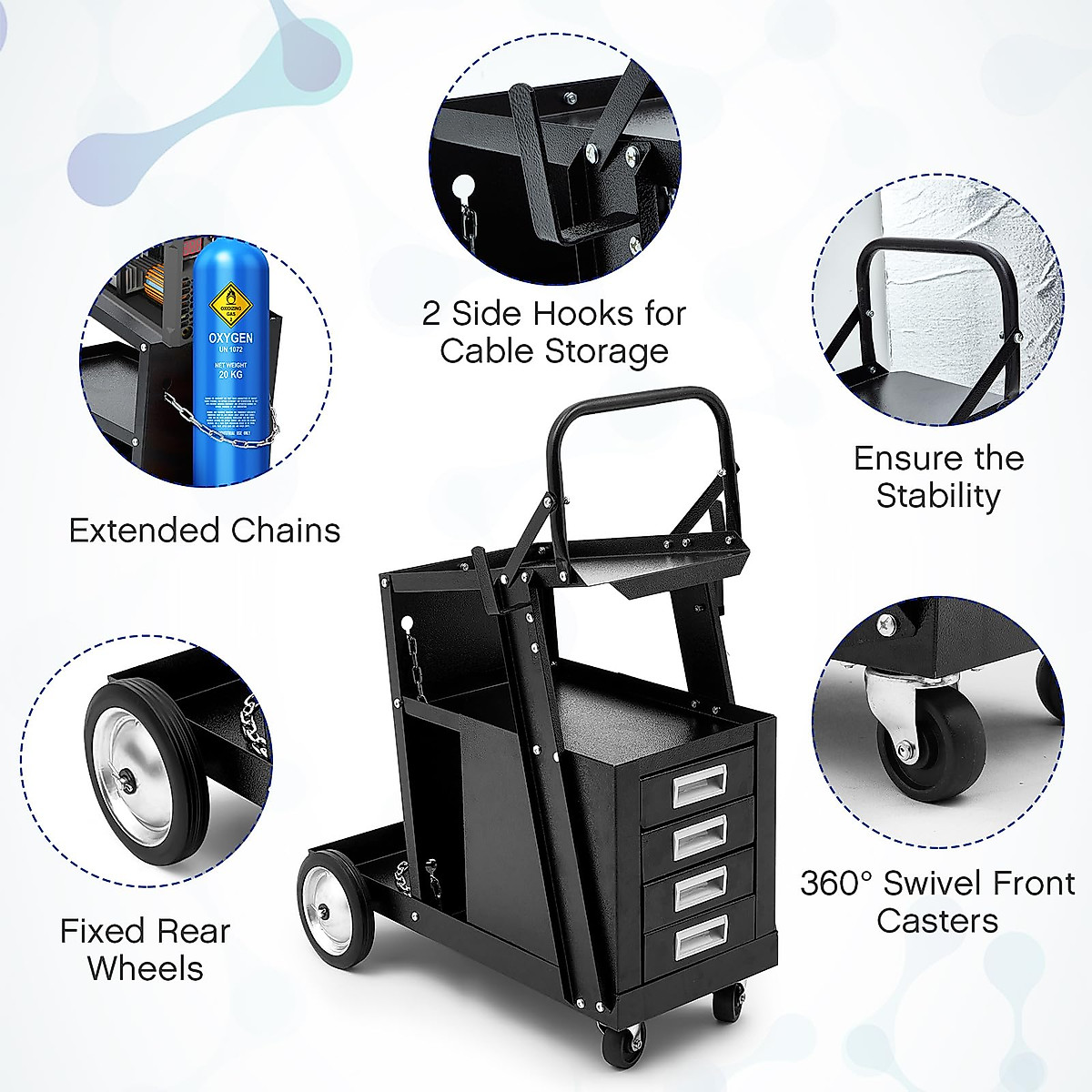 Therwen Welding Cart, 2 Tier Welder Cart with 4 Drawers, 396.8 lbs Weight Capacity, Heavy Duty Rolling Welder Cart on Wheels, Tank Storage Safety Chains for Welder and Plasma Cutter