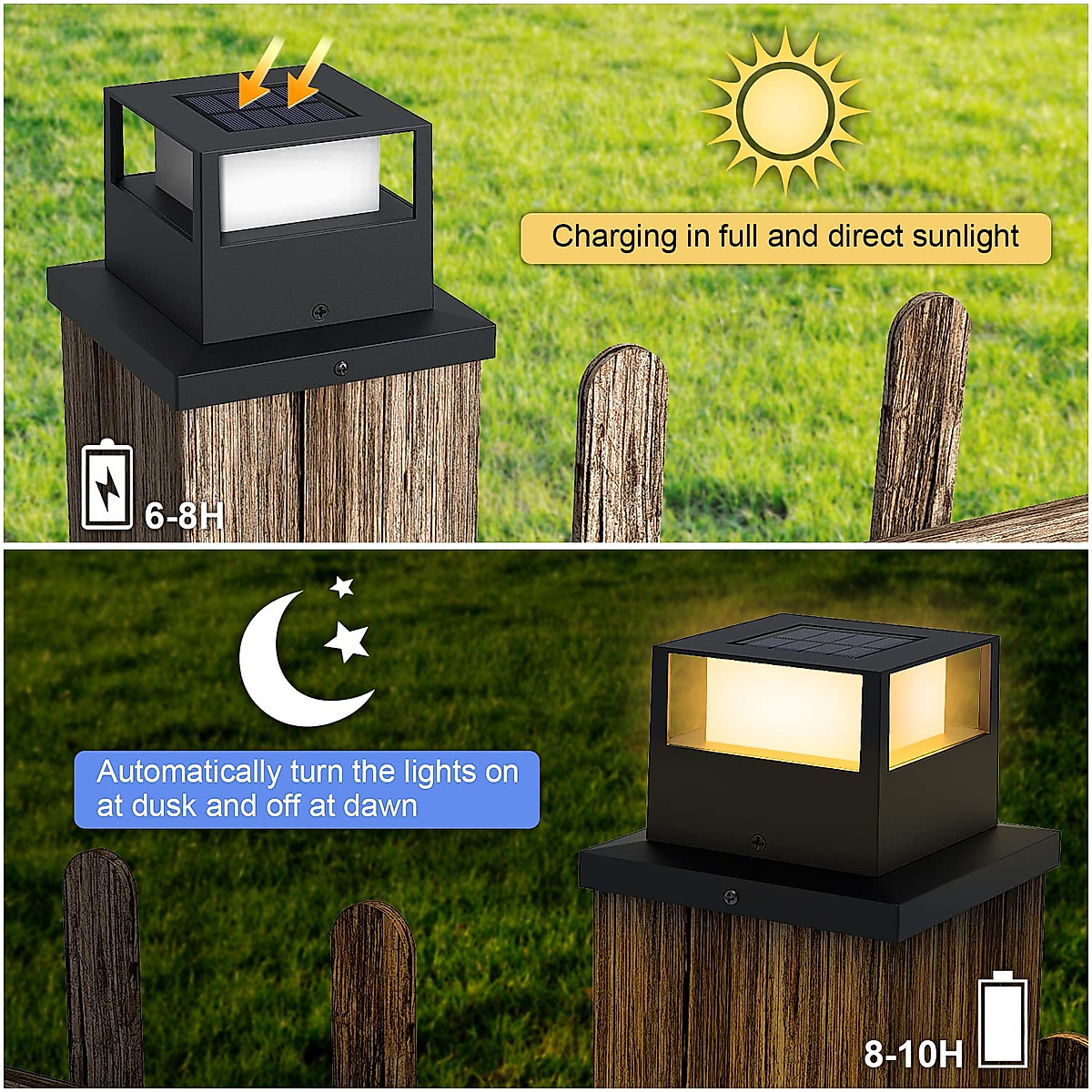 8 Pack Solar Post Lights Outdoor Solar Post Cap Lights, 20 Lumen High Brightness Waterproof LED Fence Post Solar Lights with Base for 4x4 5x5 6x6 Wooden Posts,Black