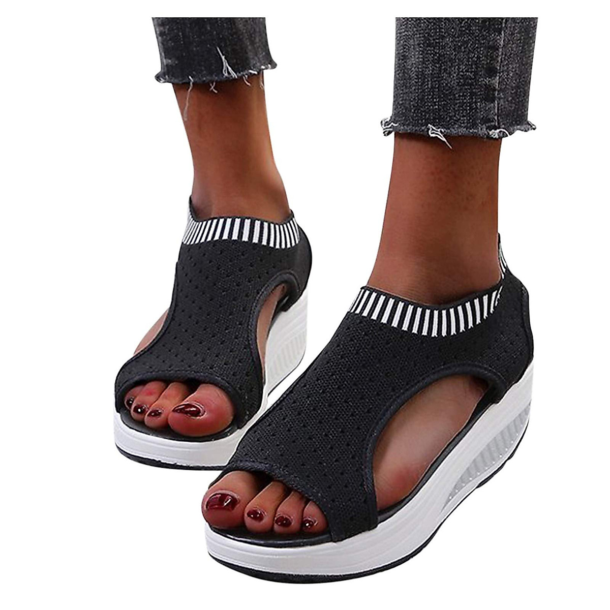 Women Casual Wedge Sandals Hook Loop Non Slip Thick Bottom Peep Toe Platform Chunky Sandal Shoes