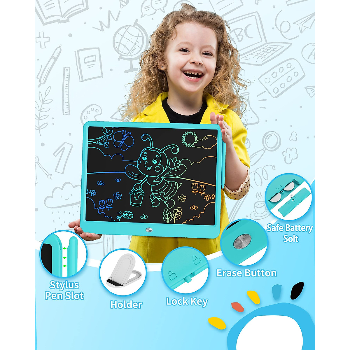 bravokids LCD Writing Tablet Board, 12inch Colorful Doodle Board Drawing Pad Toys for 3-8 Years Girls Boys, Toddler Educational & Learning Birthday Gift for Age 3 4 5 6 7 8 Years Old Kids, Blue