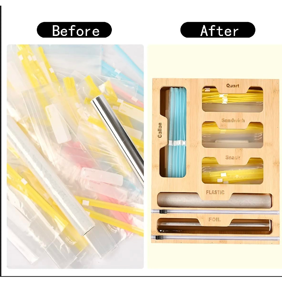 Generic Bag Storage Organizer for Kitchen Drawer, 6 in 1 Foil and Plastic Wrap Dispenser with Cutter, Bamboo Plastic Bag Food Baggie Organizer, brown, M-4hf01