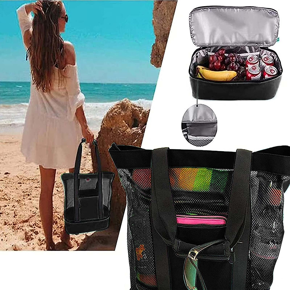 Multi-Function Picnic Thermal Preservation Bag Beach Bag Double-Layer Thermal Insulation Mesh Zipper Beach Picnic Bag (Black, 20inch x 16inch x 6inch )