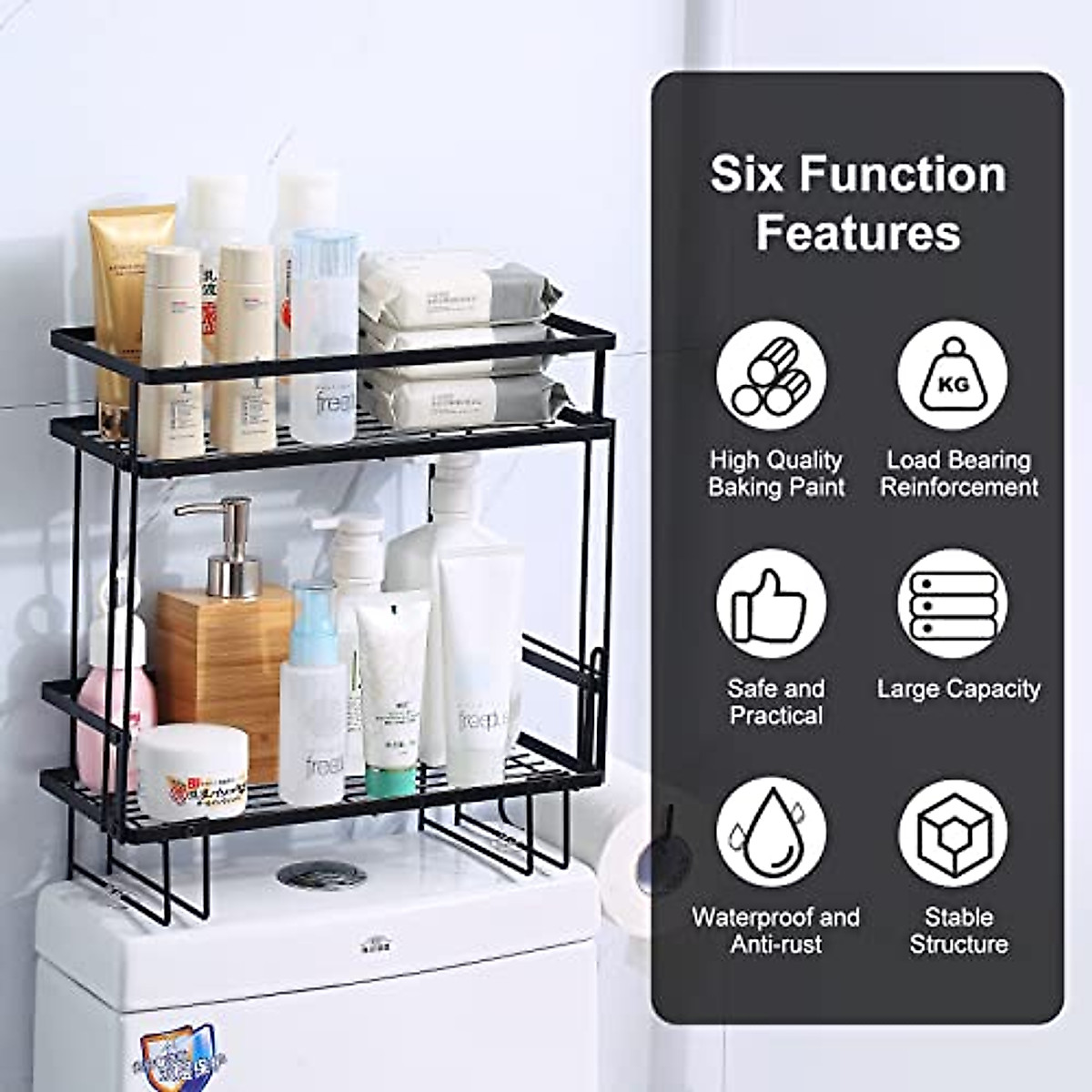 WORTHBUY Bathroom Over Toilet Storage Shelf, Bathroom Organizer, Above Storage Cabinet Restroom Paper Holder, No Drilling Space Saver with Wall Mounting Design (Black)