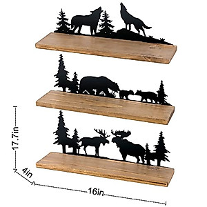 SOFFEE DESIGN Set of 3 Forest Wooden Floating Shelves for Wall Decoration, Adorable Metal Bears & Wolves & Deer Pine Pattern Black Finish Decor, Wall Mount Hanging Rectangle Shelves for Home, Office