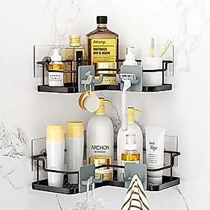 Nieifi Adhesive Corner Shower Caddy Organizer Shelf with 4 Hooks, Bathroom Shelves Storage Basket, Shampoo Holder No Rust No Drill 2 Pack Black, For 90 Degree Corner Only