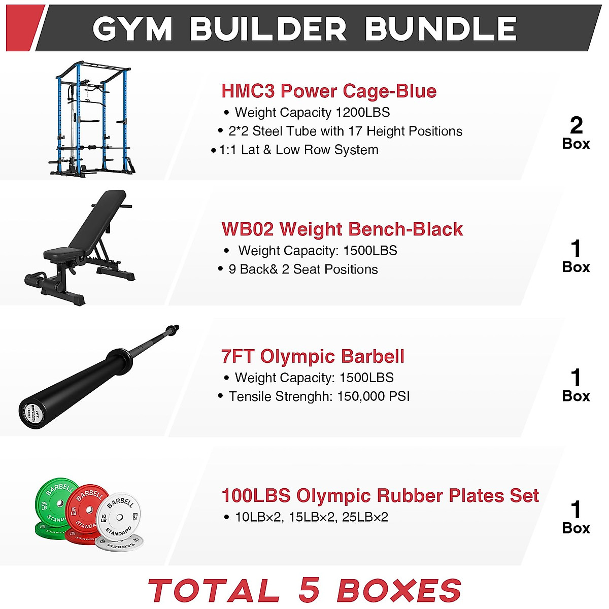 ER KANG Power Cage, 1200LBS Power Rack with LAT Pulldown, Multi-Function Squat Cage with Olympic Plates&Barbell, Weight Cage for Home Gym with Training Attachment, Blue