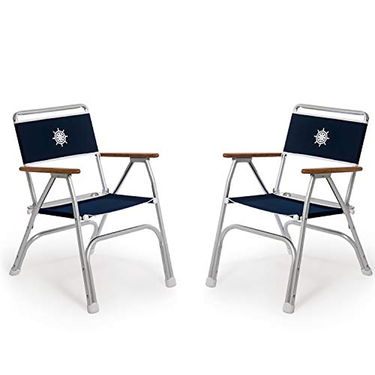 FORMA MARINE Boat Chairs Navy Blue Deck Folding Marine Aluminum Teak Furniture Set of 2 M100NB
