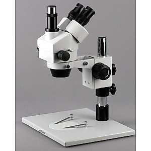 AmScope SM-1TZ Professional Trinocular Stereo Zoom Microscope, WH10x Eyepieces, 3.5X-90X Magnification, 0.7X-4.5X Zoom Objective, Ambient Lighting, Large Pillar-Style Table Stand, Includes 0.5X and 2.0X Barlow Lenses