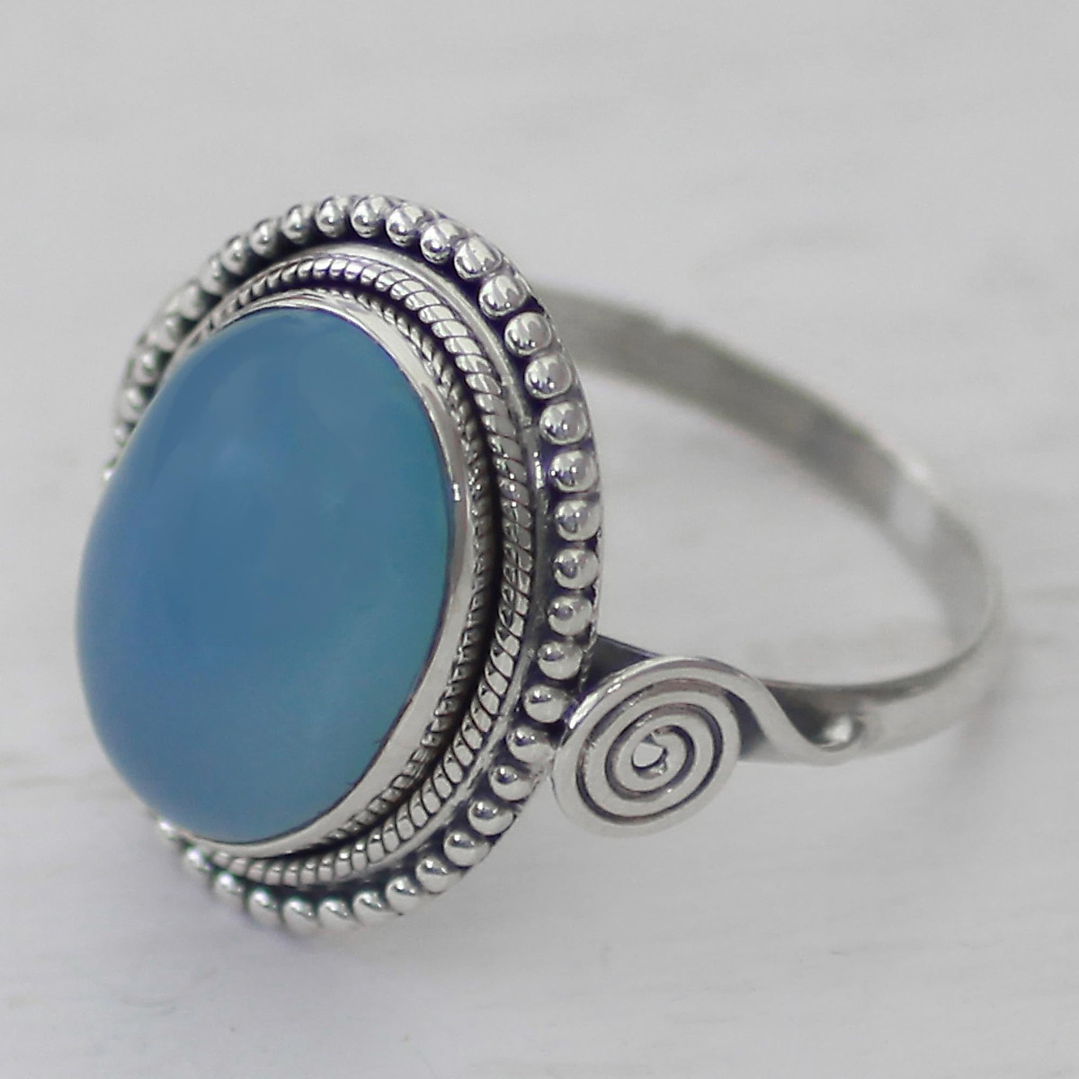 NOVICA Artisan Handmade Chalcedony Cocktail Ring Blue .925 Sterling Silver from India 'Sky Reverie'