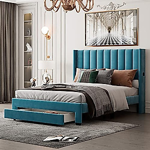 Prohon Queen Bed Frame with Wingback Headboard and A Big Storage Drawers on Endbed, Velvet Upholstered Platform Bed w/Wood Slats Support Mattress Foundation,No Box Spring Needed,Easy to Install,Blue