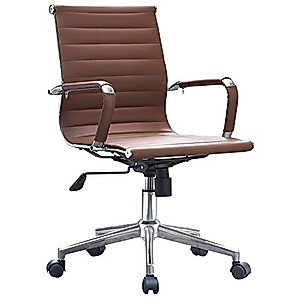 2xhome Modern Office Desk Chair Mid Back Ribbed PU Leather Conference Task Armchair with Swivel Tilt & Adjustable Height, Brown