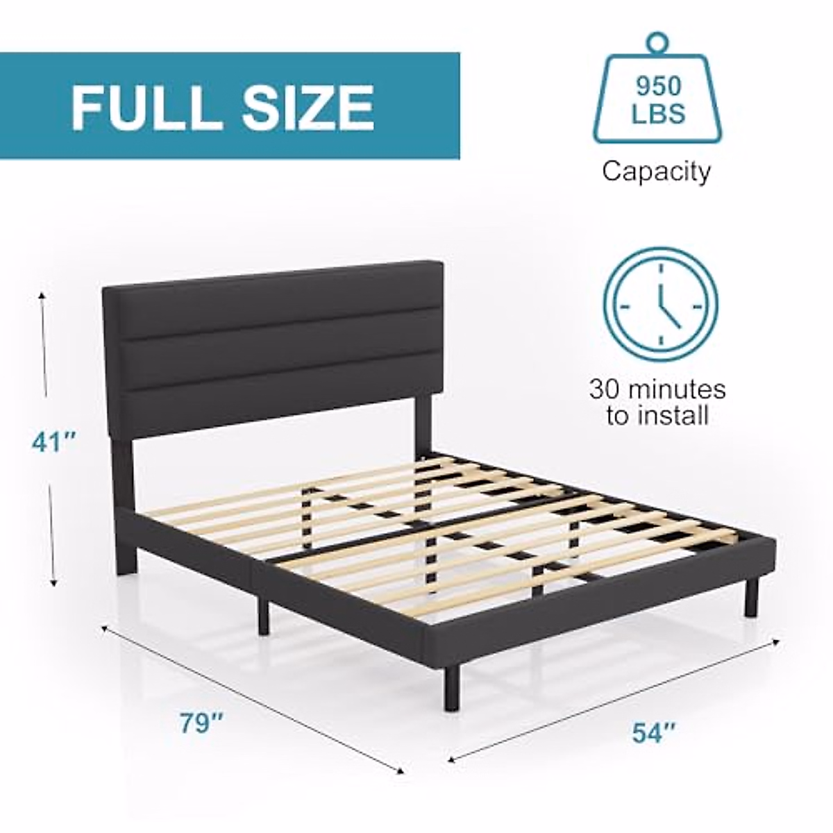IYEE NATURE Full Bed Upholstered Platform with Headboard and Strong Wooden Slats, Strong Weight Capacity, Non-Slip,No Box Spring Needed, Easy Assembly,Bed,Dark Gray