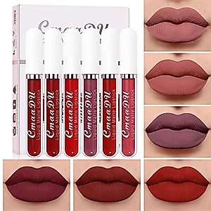 6Pcs Matte liquid lipstick Set,Dark Red Matte Lipstick Lip Stain Long Lasting 24 Waterproof Lip Gloss Gift Set ,Lipstick Sets for Women Lippies Lip Matte Makeup Lipgloss Beauty Cosmetics (Color-04)