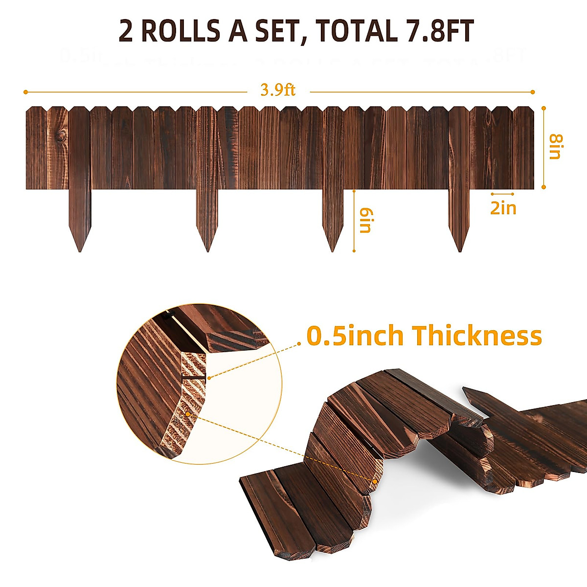 LINSHRY Wood Garden Edging Border, 2 Pack 7.9 in H x 3.9 ft L. Wooden Garden Fence Border for Decorative Landscape Border Edging, Courtyards Planting Fence Tree Fences(Total 7.8ft Length), RXZER03