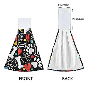 SLHKPNS Paw Prints Bones Hearts Kitchen Hanging Hand Towels, Funny Valentines Absorbent Tie Towel with Loop 2 PCS Kitchen Linen Sets for Bathroom Restroom Home Decor