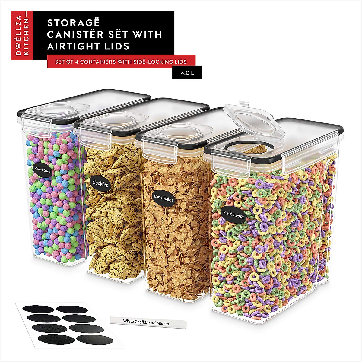 DWËLLZA KITCHEN Cereal Containers Storage Set - Cereal Dispenser Airtight Food Storage Container BPA-Free 4 Pc (135.2oz) Pantry Organization and Storage 8 Labels 1 Marker, Canister for Sugar & Flour