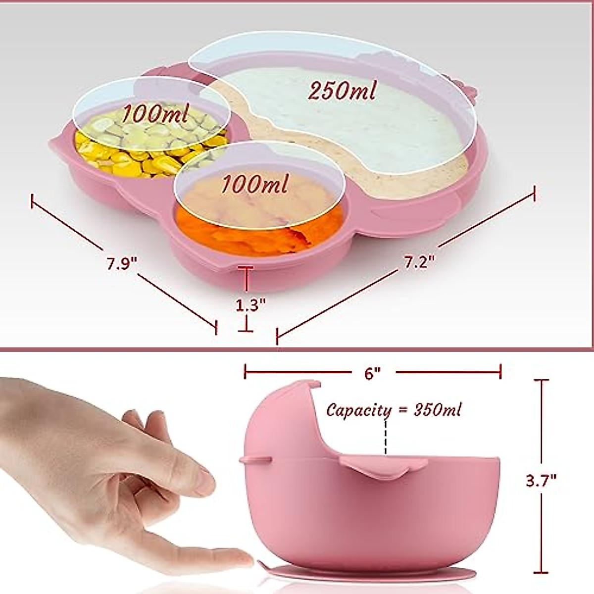 Silicone Baby Feeding Set, 13 PCS Baby Led Weaning Supplies with Suction Baby Plate and Bowl Set, Baby Spoon and Fork, Adjustable Bib, Sippy Cup with Straw and Lid, Baby Utensils for 6+ Months（Pink）