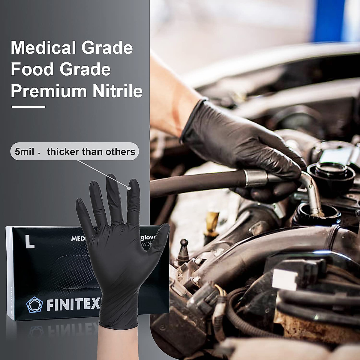 FINITEX - Black Nitrile Disposable Gloves, 5mil, Powder-free, Medical Exam Gloves Latex-Free 100 PCS For Cleaning Food (Large)
