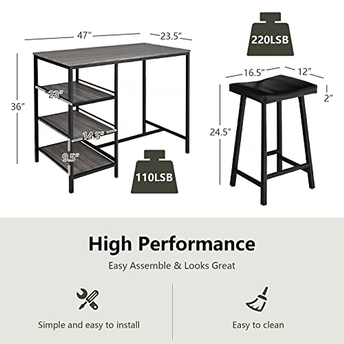 COSTWAY 3 Pieces Dining Table Set, Counter Height Pub Table Set with 2 Upholstered Bar Stools and 3 Shelves, Industrial Kitchen Table Set for Living Room, Restaurant
