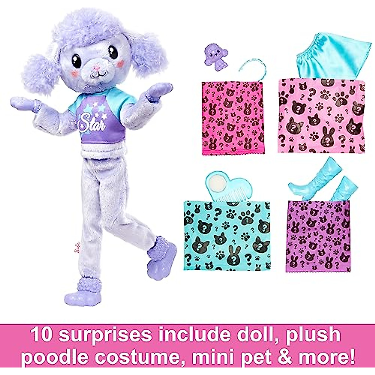 Barbie Cutie Reveal Doll with Purple Hair & Poodle Costume, 10 Suprises Include Accessories & Mini Pet (Styles May Vary)