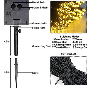Solar String Light, 2 Pack Solar Fairy Lights Solar Christmas Lights Solar Powered Lights with 8 Working Modes, 66FT 200 LED Decorative Lights for Garden, Patio, Christmas Tree, Party Warm White