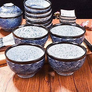 Cerficer Japanese Rice Bowl - 10.2oz Ceramic Sushi Bowl with Blue Wave Pattern,Thickened Bowl Wall,Perfect Small Bowl for Rice, Snacks, Desserts, and Sauces,Asian Rice Bowl Set