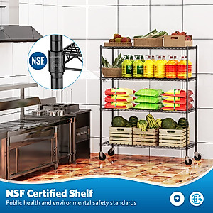 Raynesys Wire Shelving, 2000 Lbs Heavy Duty 60x24x72 Inch Shelving Metal Shelves with 4" Wheels, 4-Tier NSF Steel Wire Storage Shelf Commercial Grade Adjustable Utility Rack for Garage Kitchen, Black