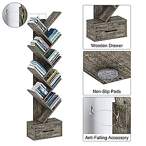 Rolanstar Bookshelf with Wooden Drawer, 9 Shelf Tree Bookshelf, Modern Book Storage, Free Standing Tree Bookcase, Utility Organizer Shelves for Home Office, Living Room, Bedroom, Grey