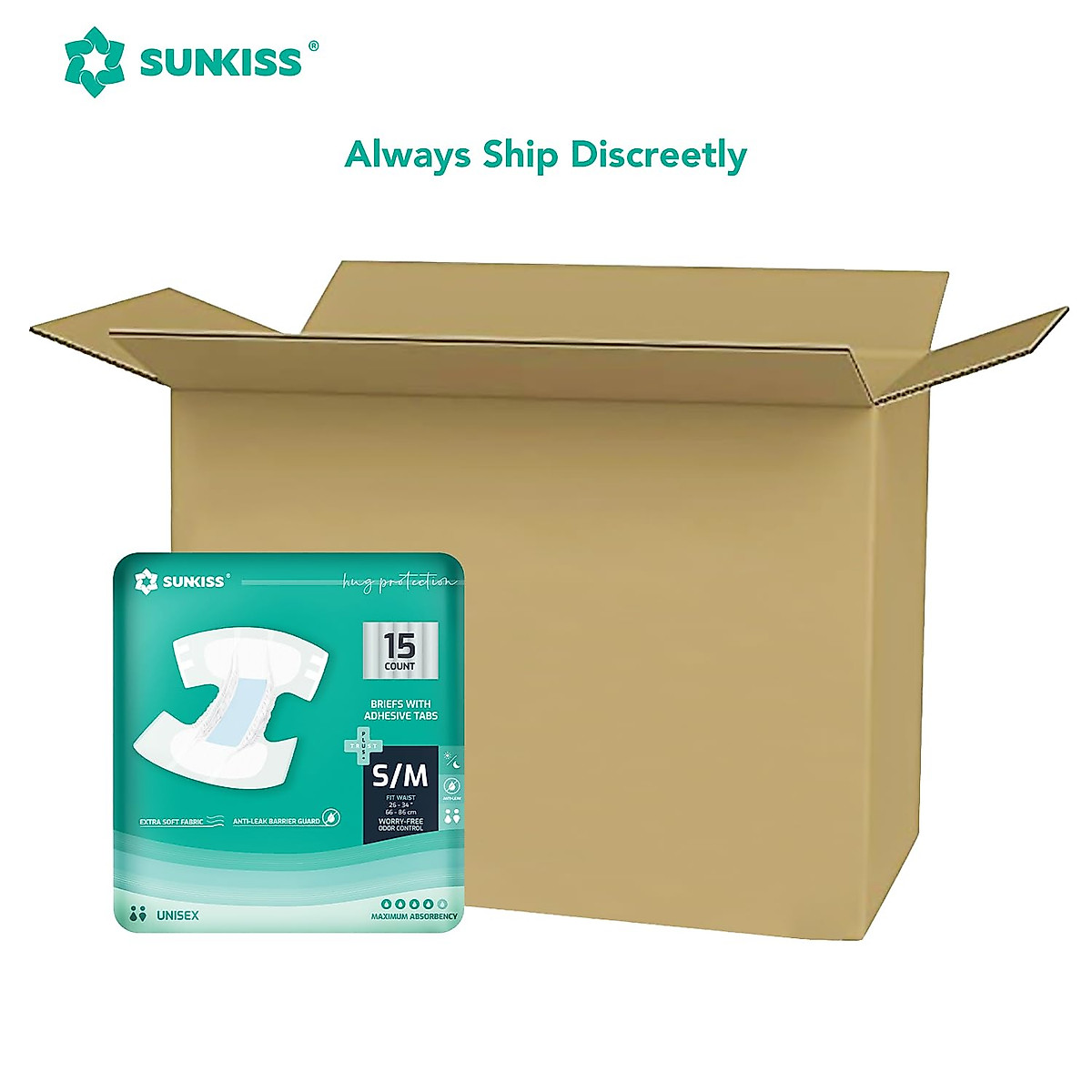 SUNKISS TrustPlus Adult Diapers with Maximum Absorbency, Unisex Disposable Incontinence Briefs with Tabs for Men and Women, Odor Control, Small/Medium, 15 Count