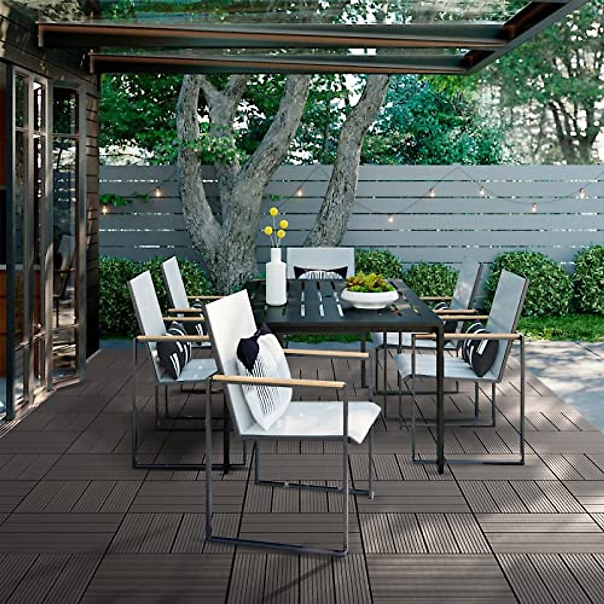 Goovilla Wood Plastic Composite Interlocking Patio Deck Tiles 9 Pack (9 sq. ft), 12"x12" Waterproof Indoor Outdoor Flooring All Weather Use, Balcony Floor Covering Tile, Decking Tiles, Dark Coffee