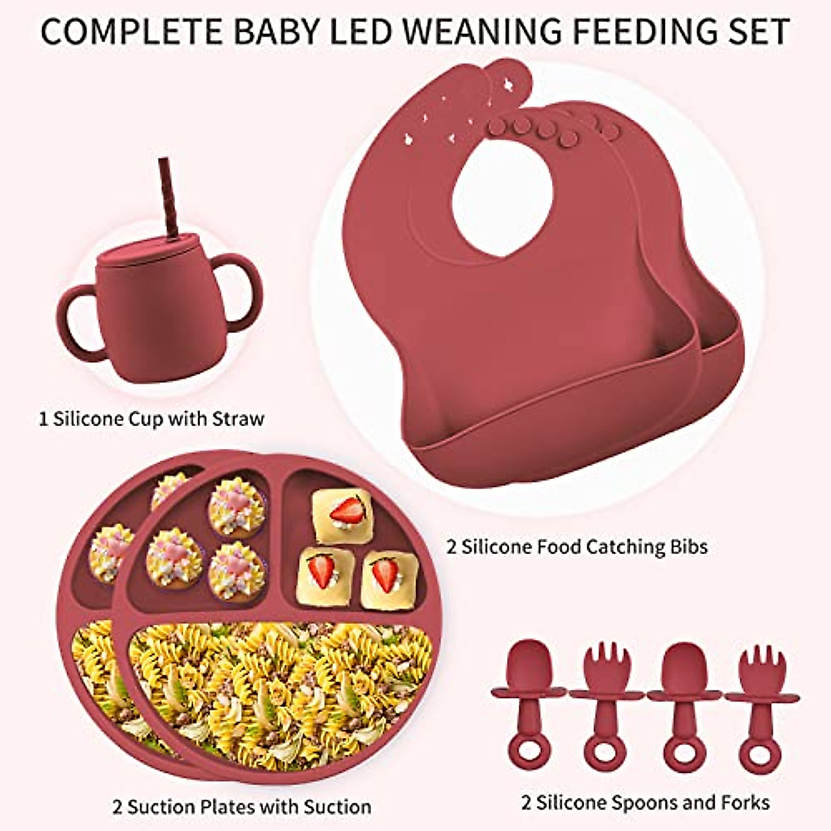 Baby Feeding Supplies - Led Weaning Silicone Baby Feeding Set, Baby Plates with Suction, Toddler Sippy Cups, First Stage Self Feeding Utensils Dishes Set with Bibs, Baby Spoons and Forks, 9 Pieces
