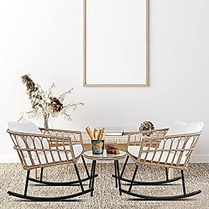 3 Pieces Rocking Chairs Set, Boho Indoor Outdoor All Weather Woven Rope Table Set, Tan Wicker Chat Set with White Cushions, Rattan Sets for Balcony, Garden, Front Porch,Indoor,Living Rooms