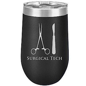 MIP Brand 16 oz Double Wall Vacuum Insulated Stainless Steel Stemless Wine Tumbler Glass Coffee Travel Mug With Lid Surgical Tech (Black)