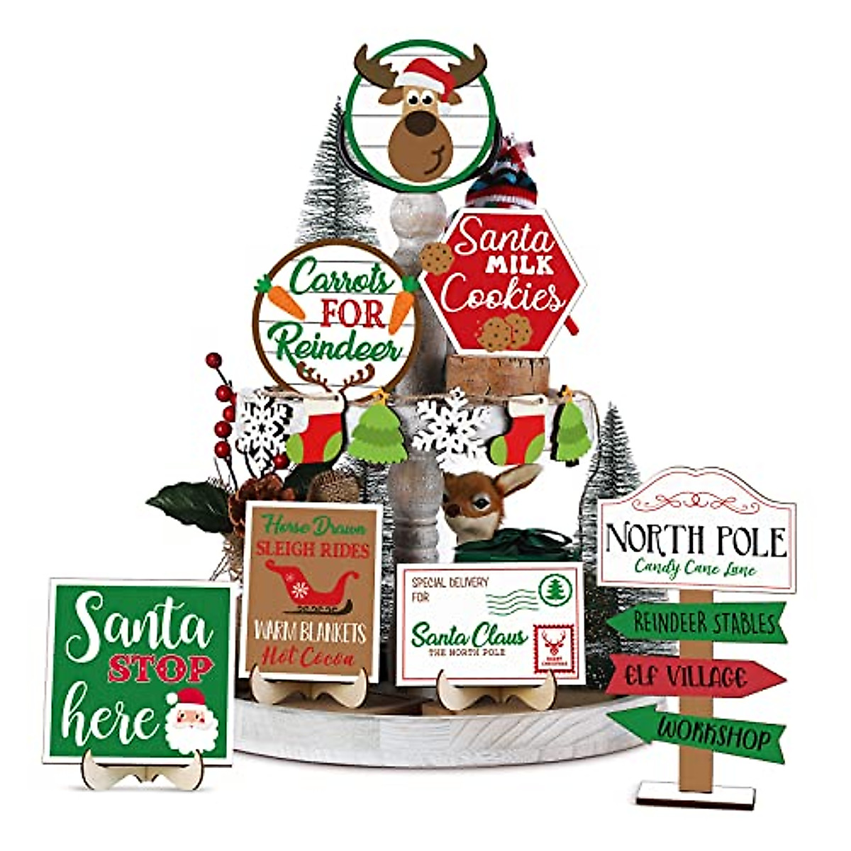 13 Pieces Winter Tiered Tray Decor Winter Table Farmhouse Centerpieces Decoration Elk Sled Tree Snowflake Wood Blocks Signs for Home Room Decor(Christmas Style)
