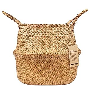 Blueming Home Decor Plant Basket – Large Seagrass Belly Basket Planter, Woven Rattan Wicker Plant Pot for Tall Indoor Plants with Handles, Round Decorative Boho Planters (Original, 10-11 Inch)