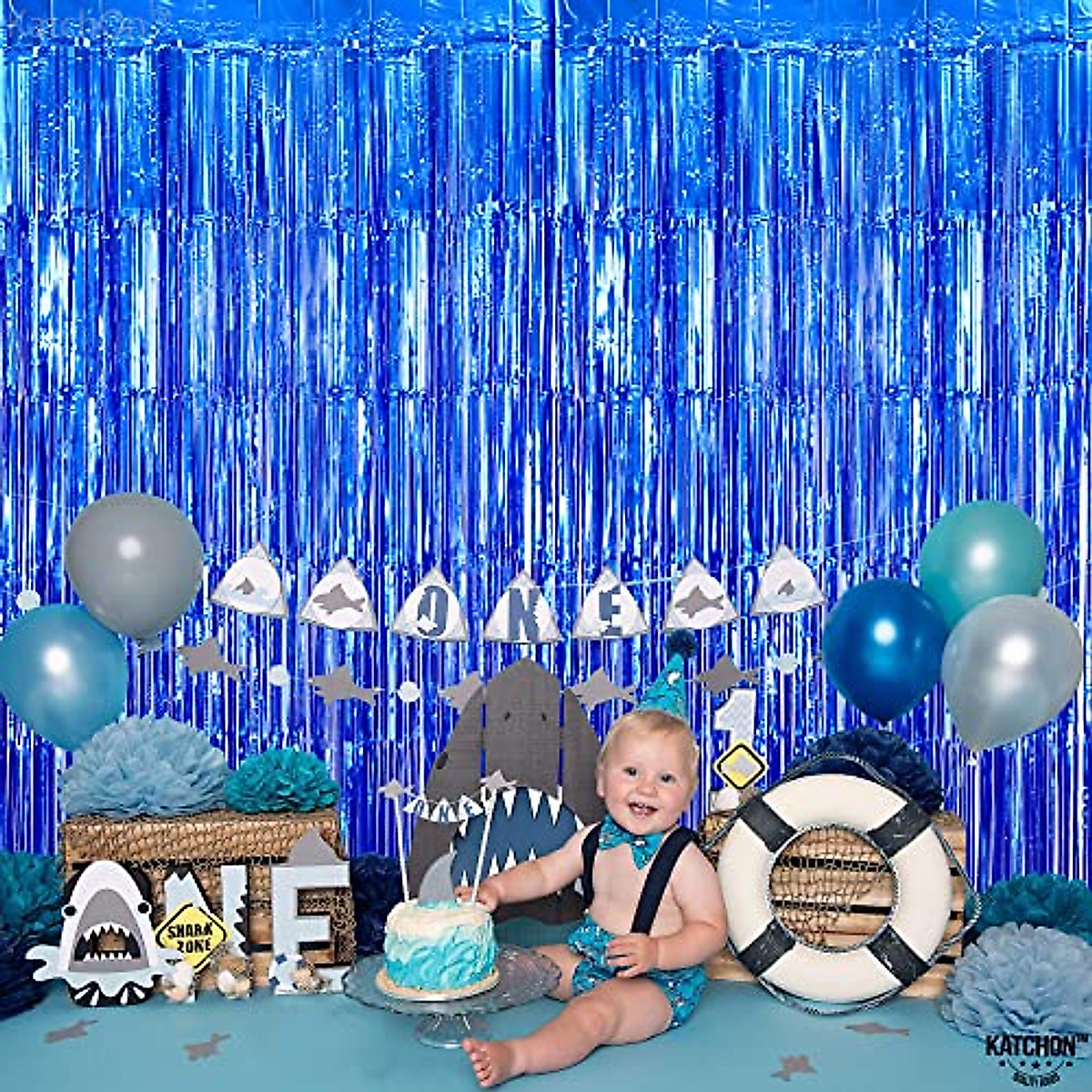 XtraLarge, Blue Foil Fringe Curtain - 8x3.2 Feet, Pack of 2 | Huge Silver 1 Balloon for First Birthday - Pack of 22 | Blue Fringe Curtain, First Birthday Balloons for 1st Birthday Decorations for Boys