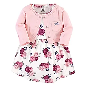 Hudson Baby Girls' Cotton Dress and Cardigan Set, Blush Floral, 9-12 Months