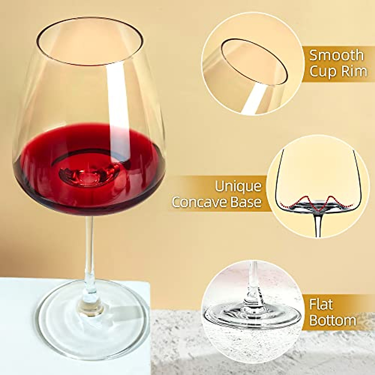 Red Wine Glasses Set of 6, 19.5 oz Durable Wine Glasses, Large Long Stem Wine Glasses with Unique Concave Bowl Base for Wine Tasting, Holiday and Home - Clear Glass