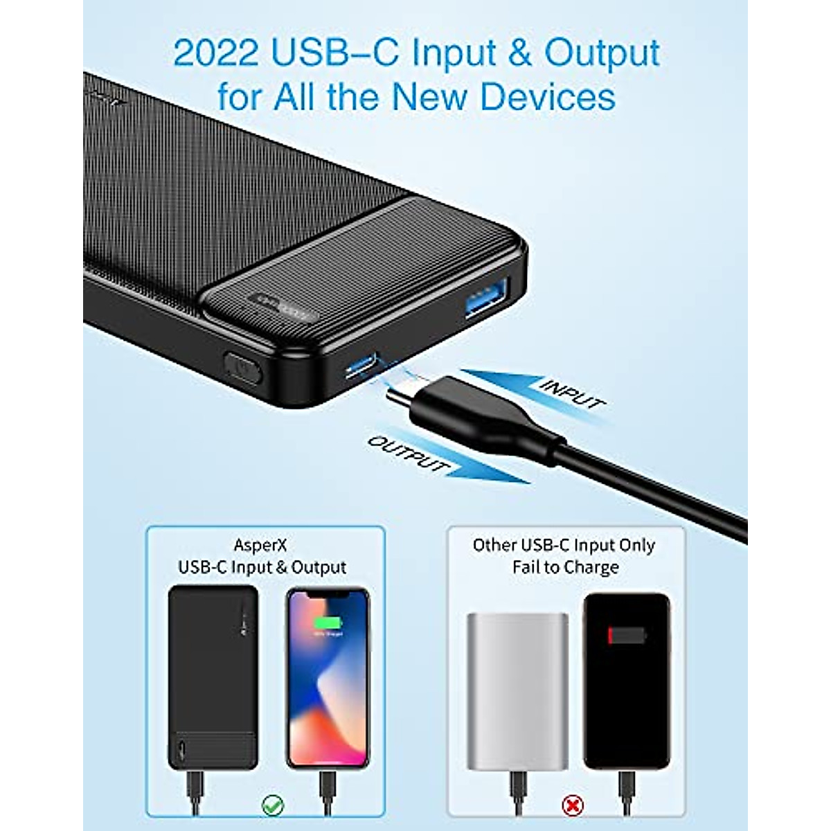 AsperX 2 Packs 22.5W Power Bank Fast Charging, 10000mAh USB C Portable Charger Power Bank (Black+Red)