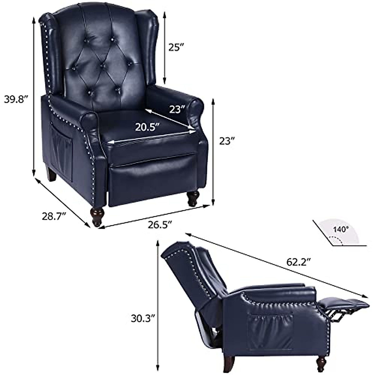 VUYUYU Wingback Recliner Chair, Push Back Arm Chair with Heat and Massage, PU Leather Single Sofa for Home, Living Room, Office, Bedroom(Navy Blue)