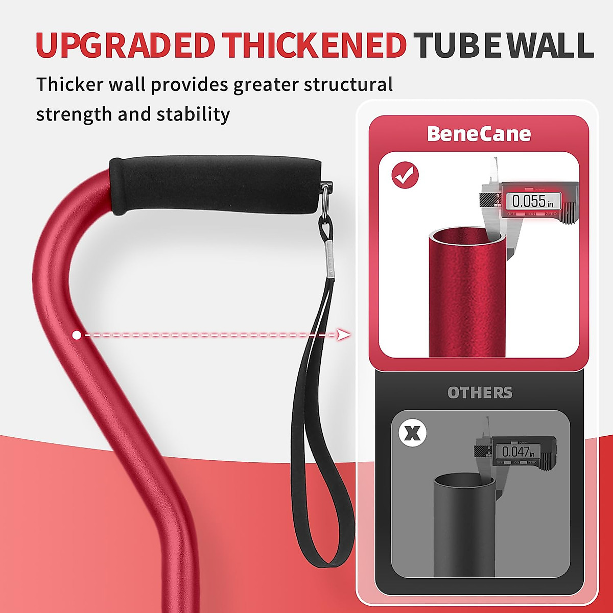 BeneCane Walking Cane for Men & Women Adjustable Cane with Offset Soft Cushioned Handle -Portable Lightweight Sturdy Mobility Walker Aid for Elderly, Seniors Collapsible Cane Red