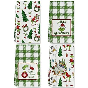 AnyDesign Christmas Kitchen Towel Green White Buffalo Plaids Dish Towel 28 x 18 Inch Funny Cartoon Character Tea Towel Xmas Decorative Hand Drying Towel for Kitchen Cooking Baking, 4 Pack