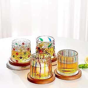 Jarler Wine Glass Crystal Whiskey Glasses Spinning Rocks Glasses with Rotatable Coaster, 9.2 Oz Hand Painted Colorful Old Fashioned Glass, Bar Tequila Glasses (Stripes, 1)