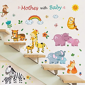 Supzone Jungle Animal Wall Decals Cartoon Animal Mother with Baby Wall Stickers Elephant Giraffe Monkey Wall Sticker for Kids Baby Nursery Playroom Bedroom Girls Boy Room Wall Decor