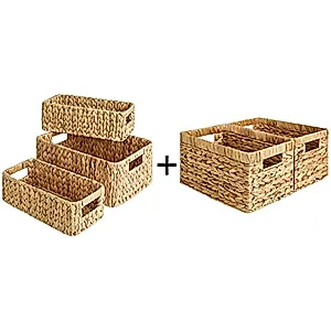 StorageWorks 5-Pack Water Hyacinth Storage Baskets, Square Wicker Baskets with Built-in Handles
